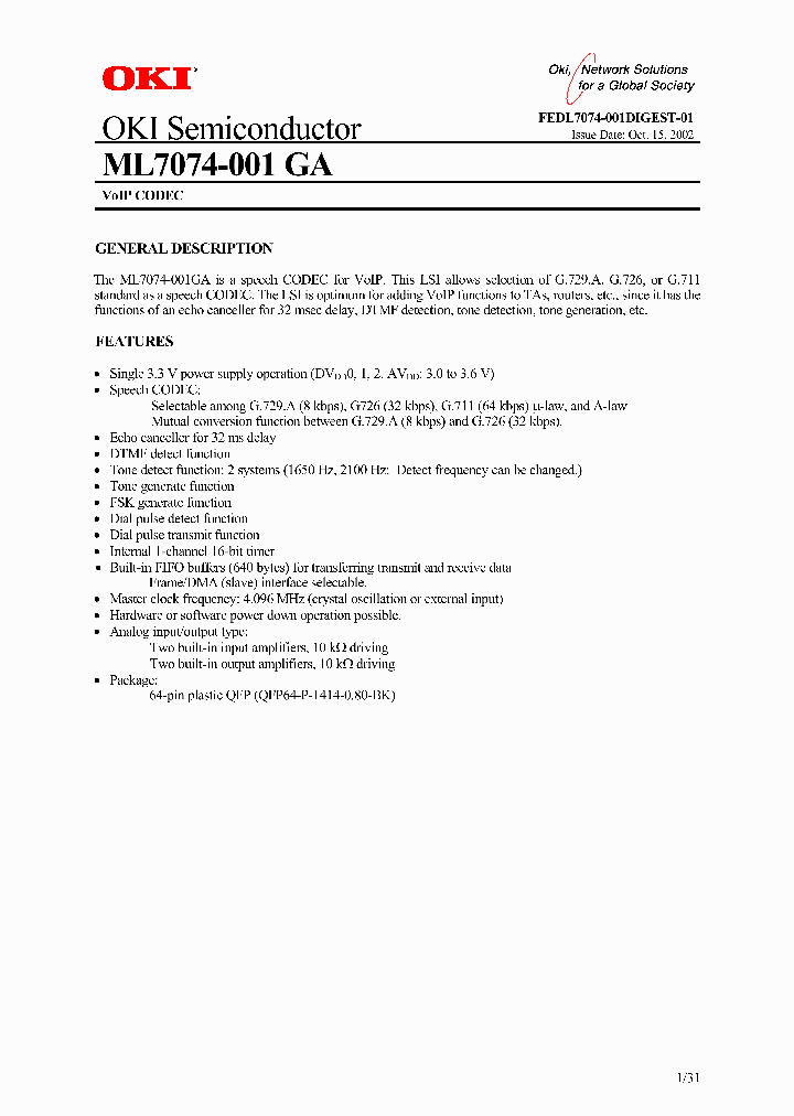 ML7074-001_951958.PDF Datasheet Download --- IC-ON-LINE
