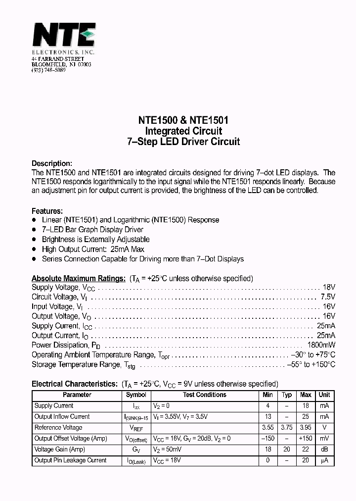 NTE1501_805328.PDF Datasheet Download --- IC-ON-LINE