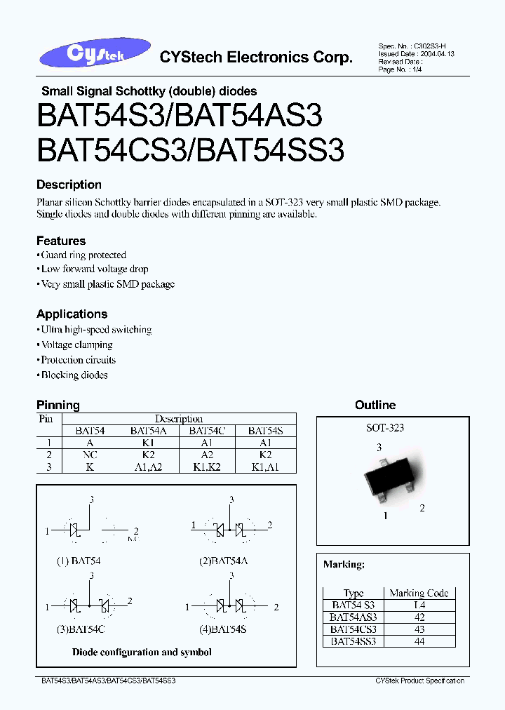 BAT54XS3_1217443.PDF Datasheet Download --- IC-ON-LINE