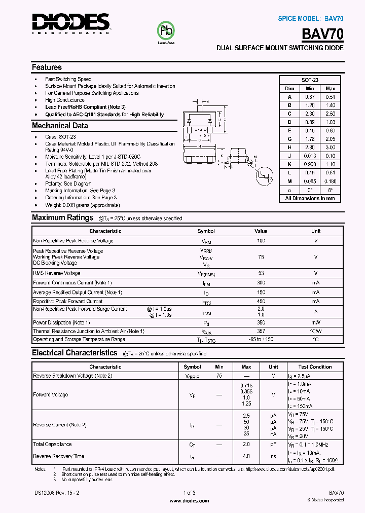 BAV70_1217534.PDF Datasheet Download --- IC-ON-LINE