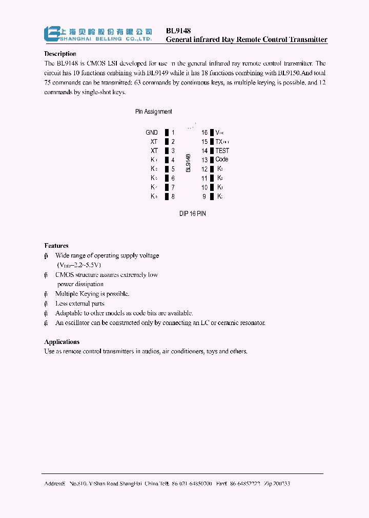 BL9148_1219616.PDF Datasheet Download --- IC-ON-LINE