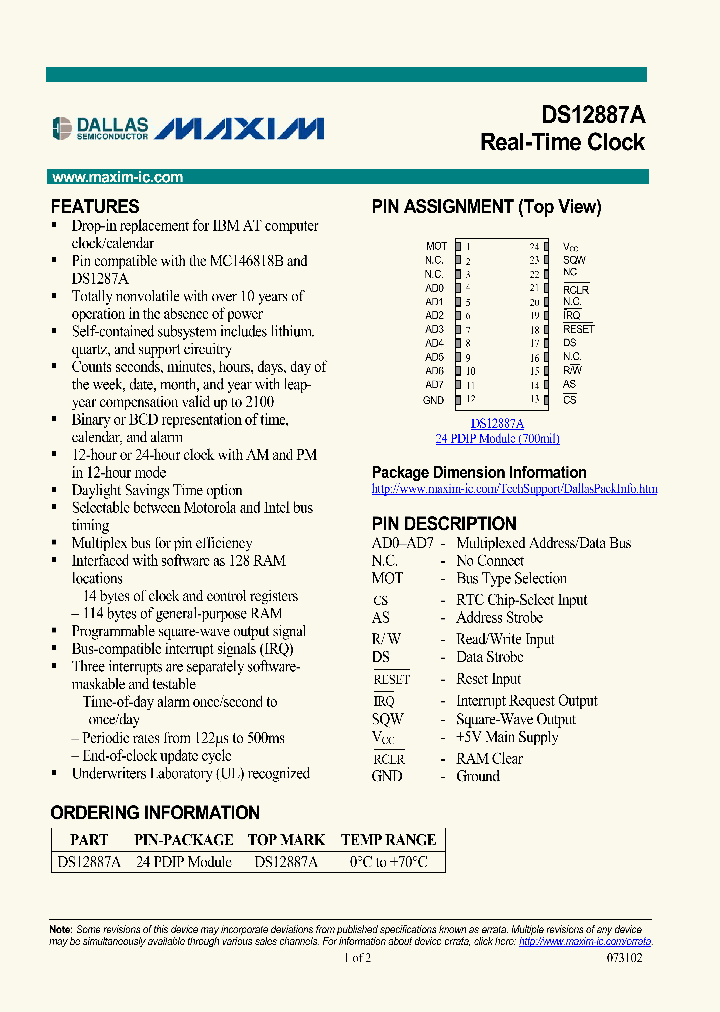DS12887A_1134522.PDF Datasheet Download --- IC-ON-LINE