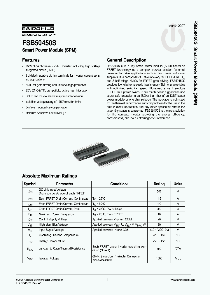 FSB50450S07_1242835.PDF Datasheet Download --- IC-ON-LINE