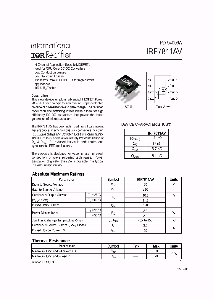 IRF7811AV_1255668.PDF Datasheet Download --- IC-ON-LINE