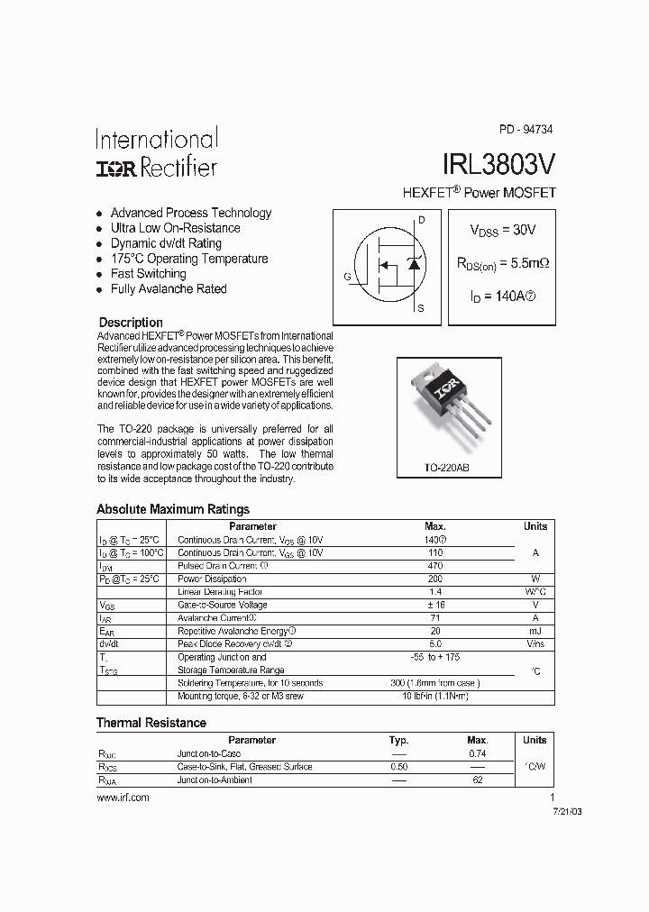 IRL3803V_1256810.PDF Datasheet Download --- IC-ON-LINE