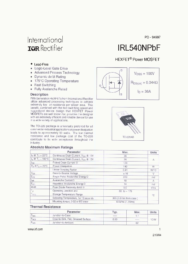 IRL540NPBF_1150020.PDF Datasheet Download --- IC-ON-LINE