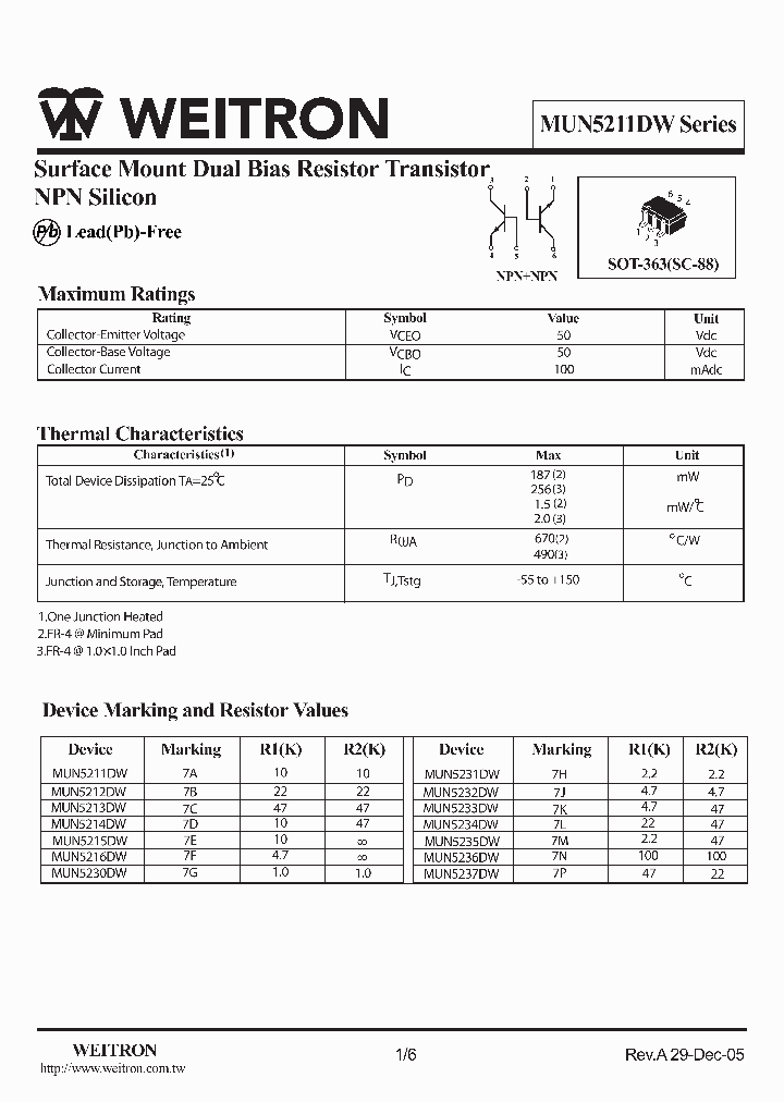 MUN5237DW_1286102.PDF Datasheet Download --- IC-ON-LINE