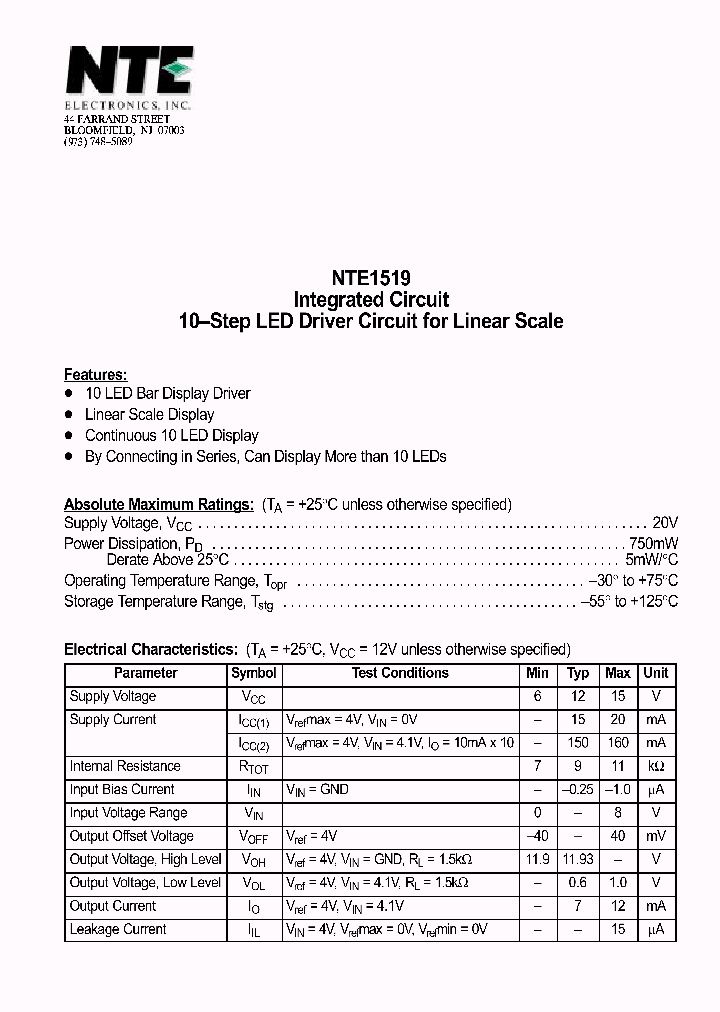 NTE1519_1290162.PDF Datasheet Download --- IC-ON-LINE