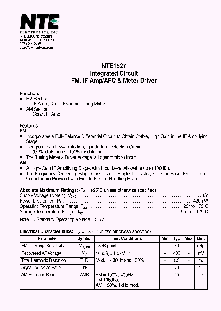 NTE1527_1290164.PDF Datasheet Download --- IC-ON-LINE