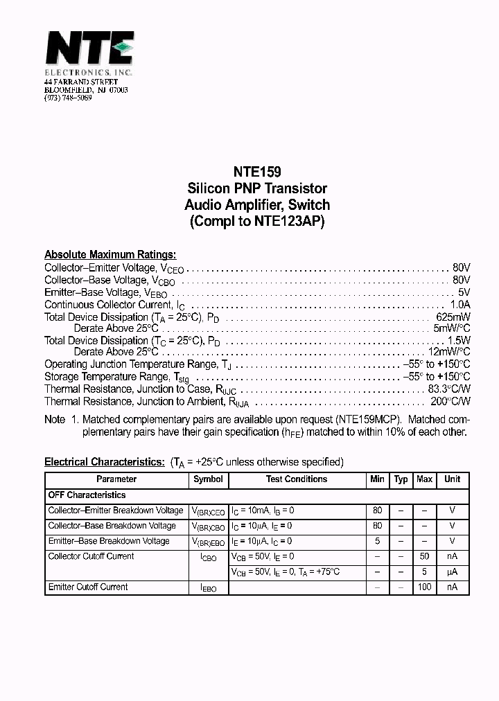 NTE159_1290195.PDF Datasheet Download --- IC-ON-LINE