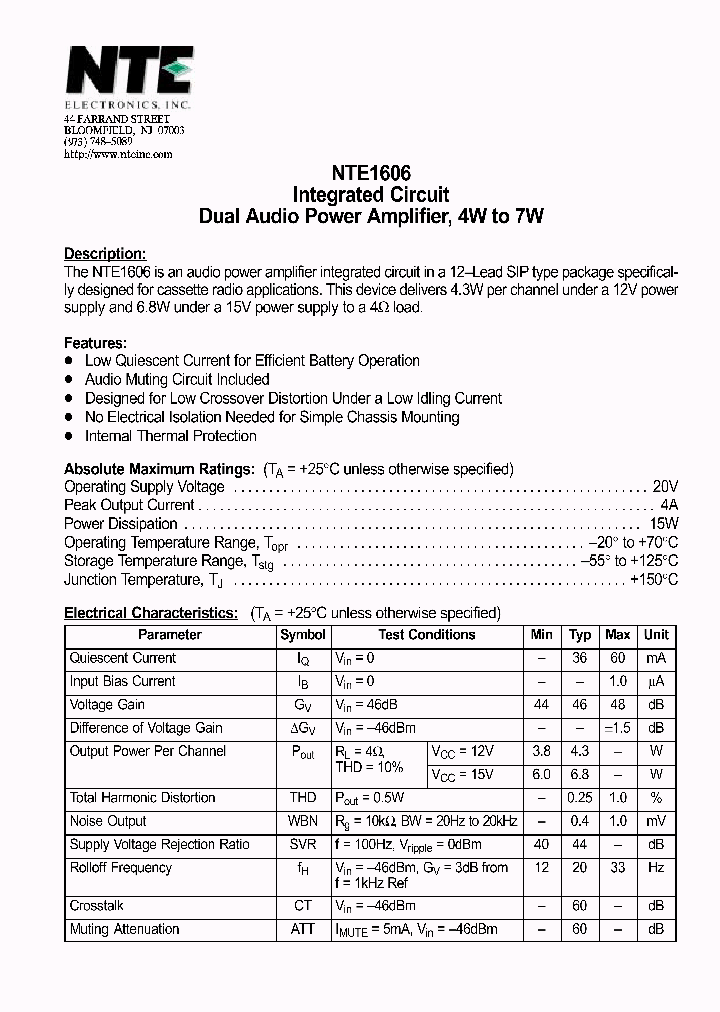 NTE1606_1290205.PDF Datasheet Download --- IC-ON-LINE