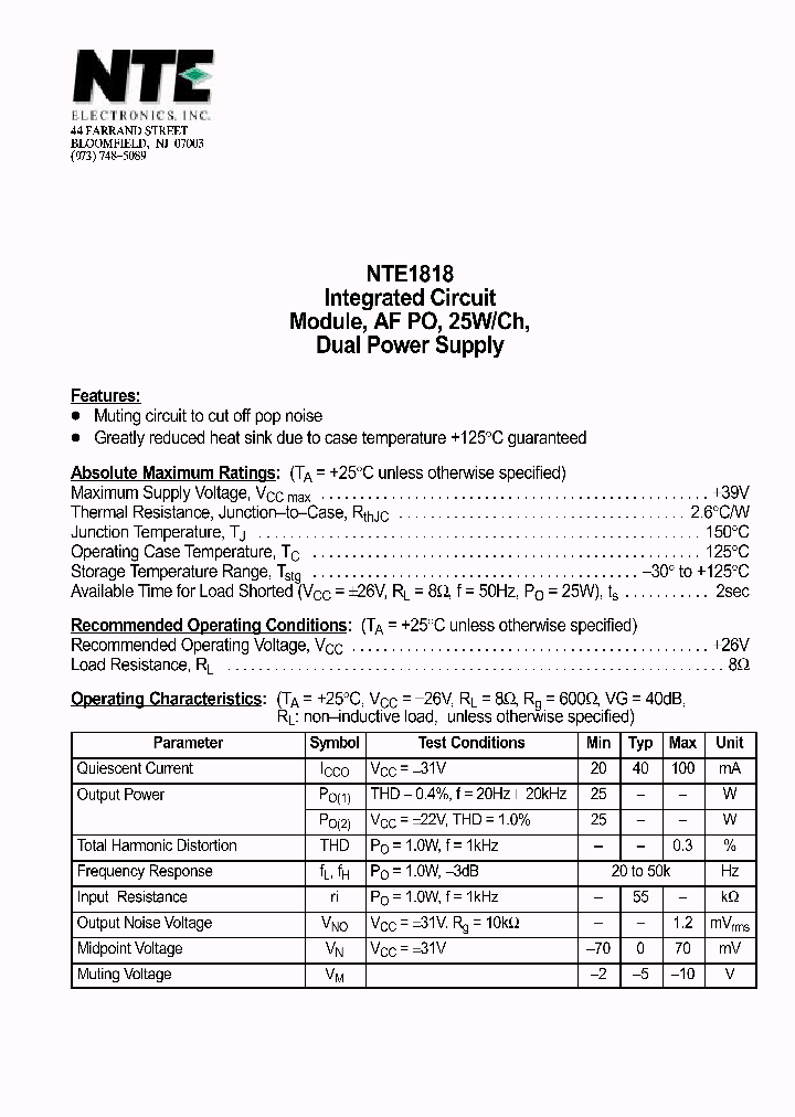 NTE1818_1290342.PDF Datasheet Download --- IC-ON-LINE