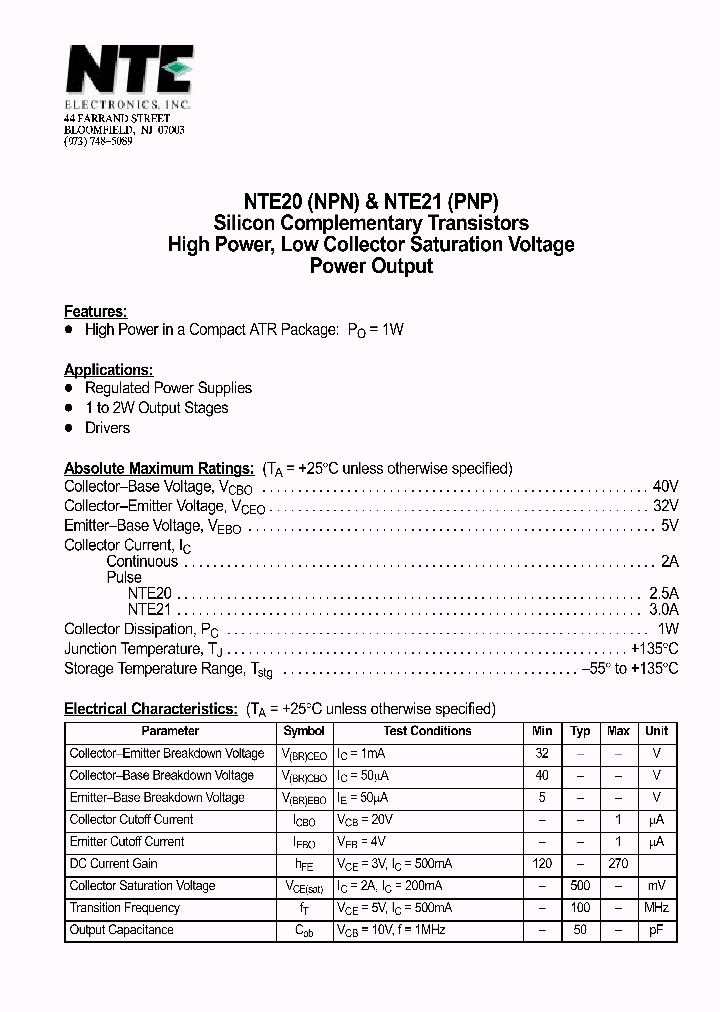 NTE21_1290483.PDF Datasheet Download --- IC-ON-LINE