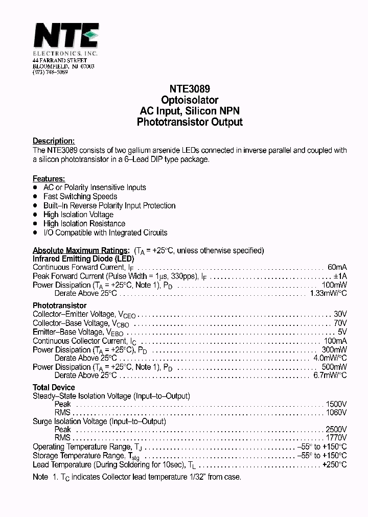 NTE3089_1290791.PDF Datasheet Download --- IC-ON-LINE