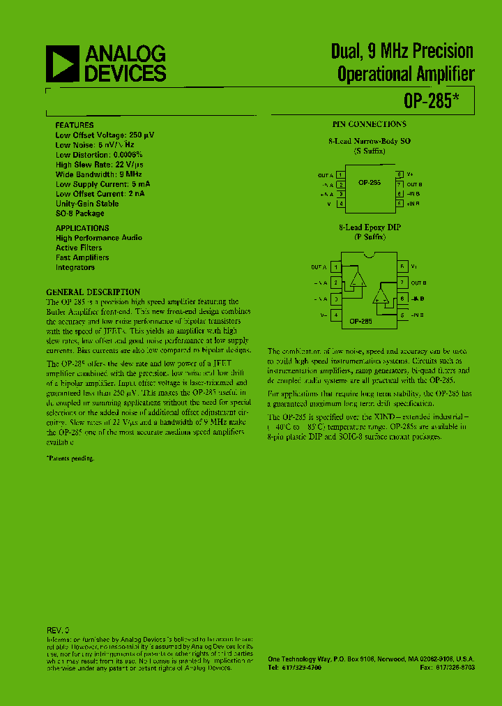 OP-285GSR_1292084.PDF Datasheet Download --- IC-ON-LINE