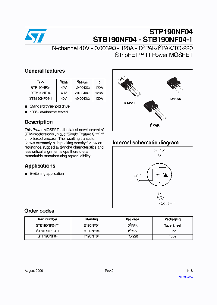 STB190NF0406_1107328.PDF Datasheet Download --- IC-ON-LINE