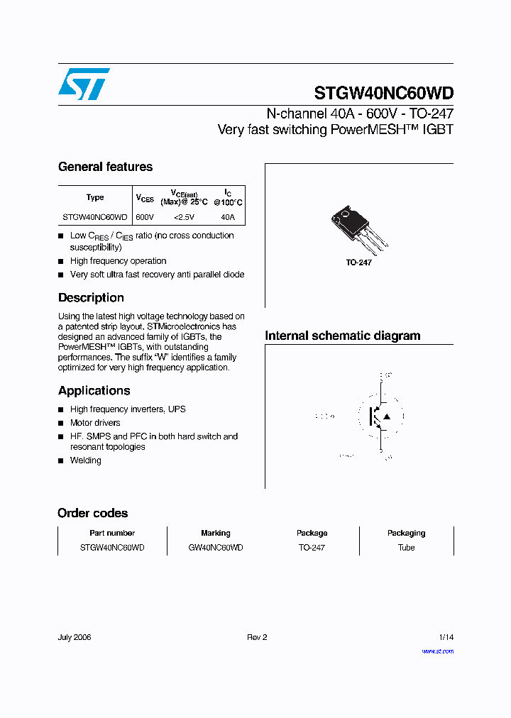 STGW40NC60WD_1318320.PDF Datasheet Download --- IC-ON-LINE