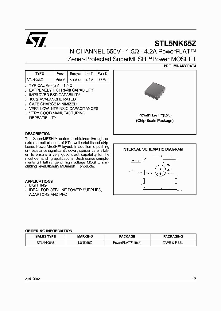 STL5NK65Z_1318665.PDF Datasheet Download --- IC-ON-LINE