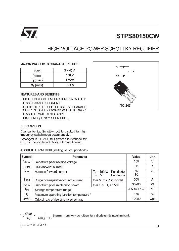 STPS80150CW_1055340.PDF Datasheet Download --- IC-ON-LINE