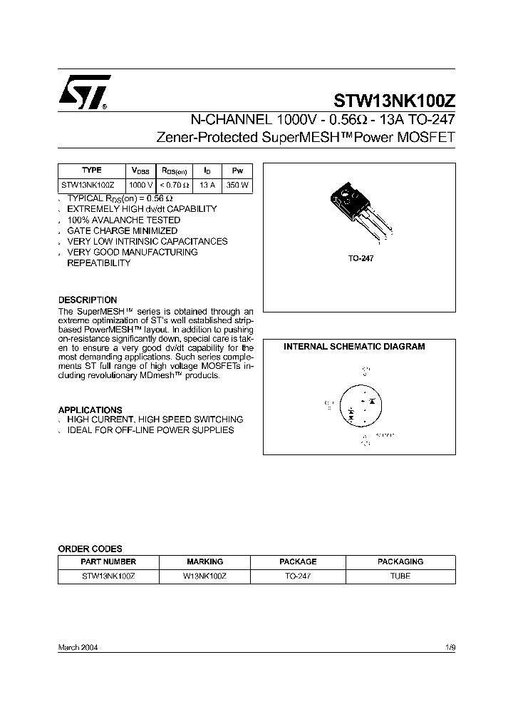 STW13NK100Z_1319620.PDF Datasheet Download --- IC-ON-LINE