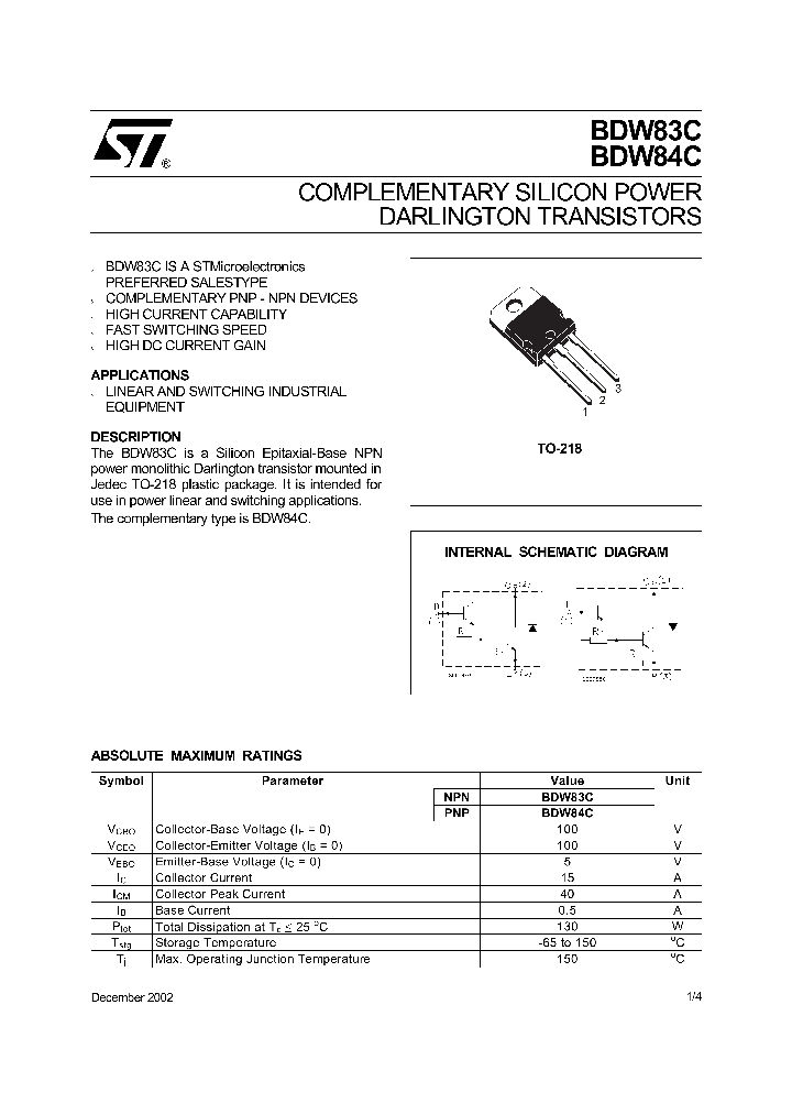 BDW83C02_4157654.PDF Datasheet Download --- IC-ON-LINE