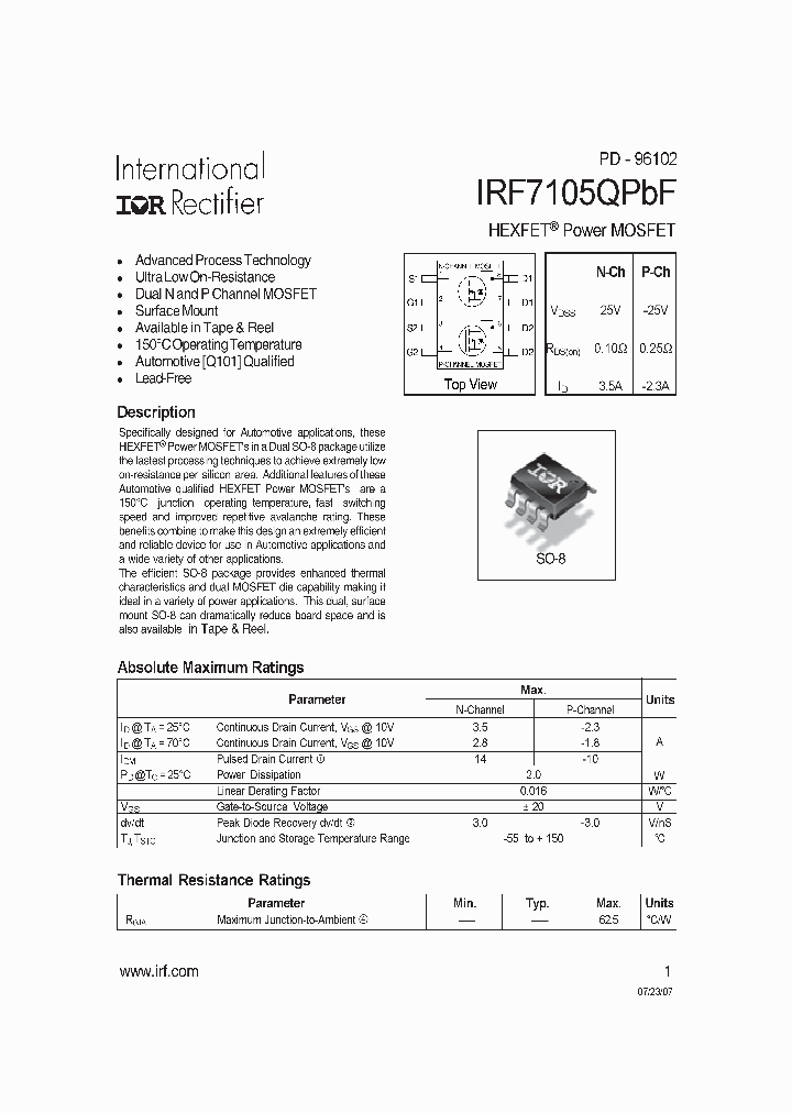 IRF7105QPBF_4127901.PDF Datasheet Download --- IC-ON-LINE