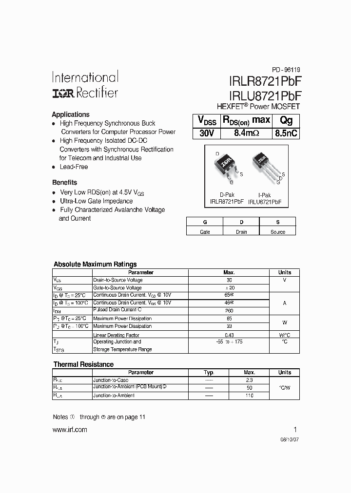 IRLR8721PBF_4127634.PDF Datasheet Download --- IC-ON-LINE