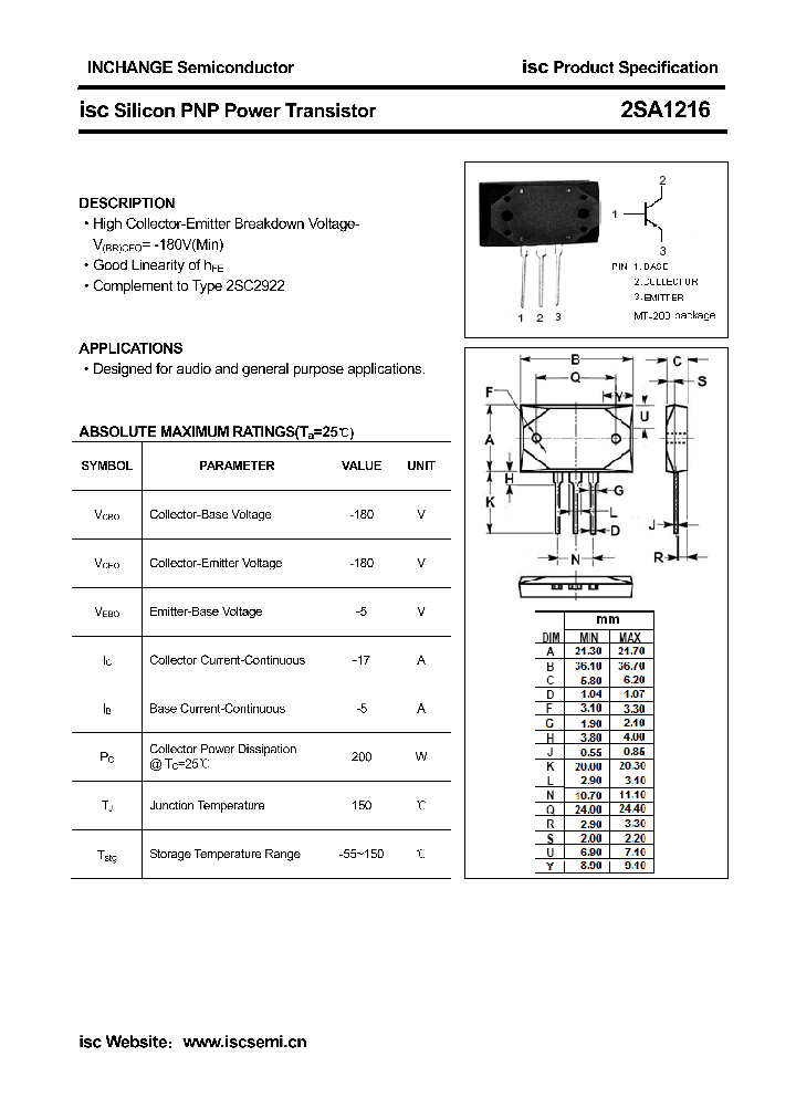 2SA1216_4309188.PDF Datasheet Download --- IC-ON-LINE