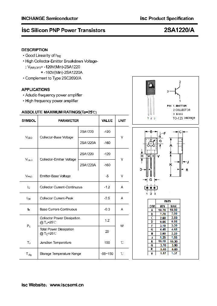2SA1220_4340336.PDF Datasheet Download --- IC-ON-LINE
