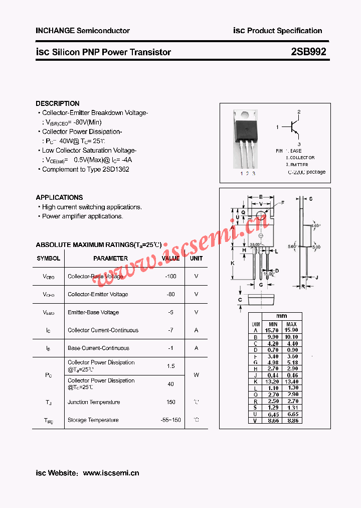 2SB992_4396221.PDF Datasheet Download --- IC-ON-LINE