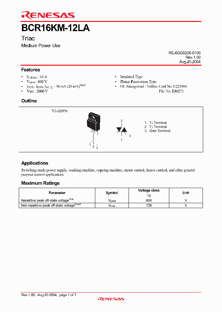 BCR16KM-12LA_4806230.PDF Datasheet Download --- IC-ON-LINE