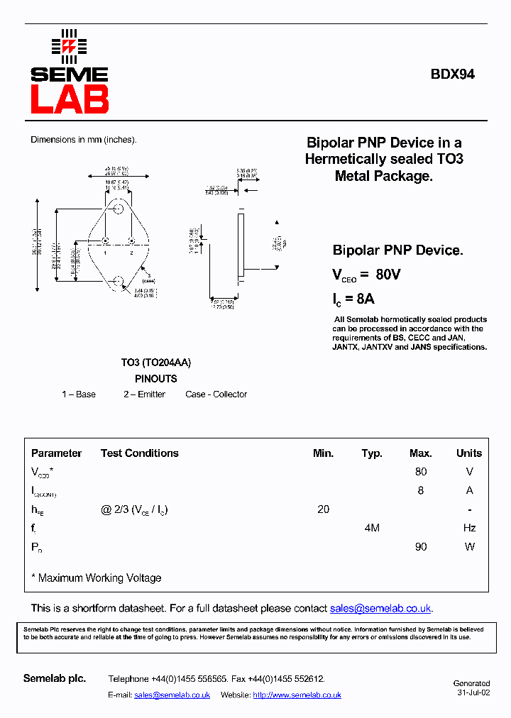 BDX94_4190010.PDF Datasheet Download --- IC-ON-LINE