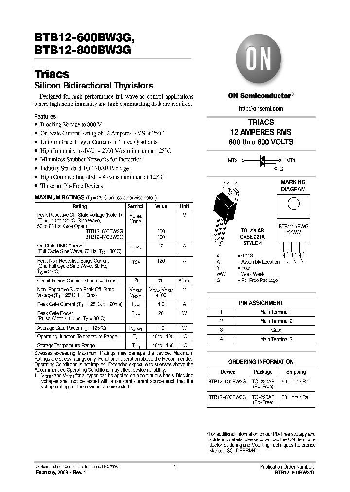 BTB12-600BW3G_4638503.PDF Datasheet Download --- IC-ON-LINE