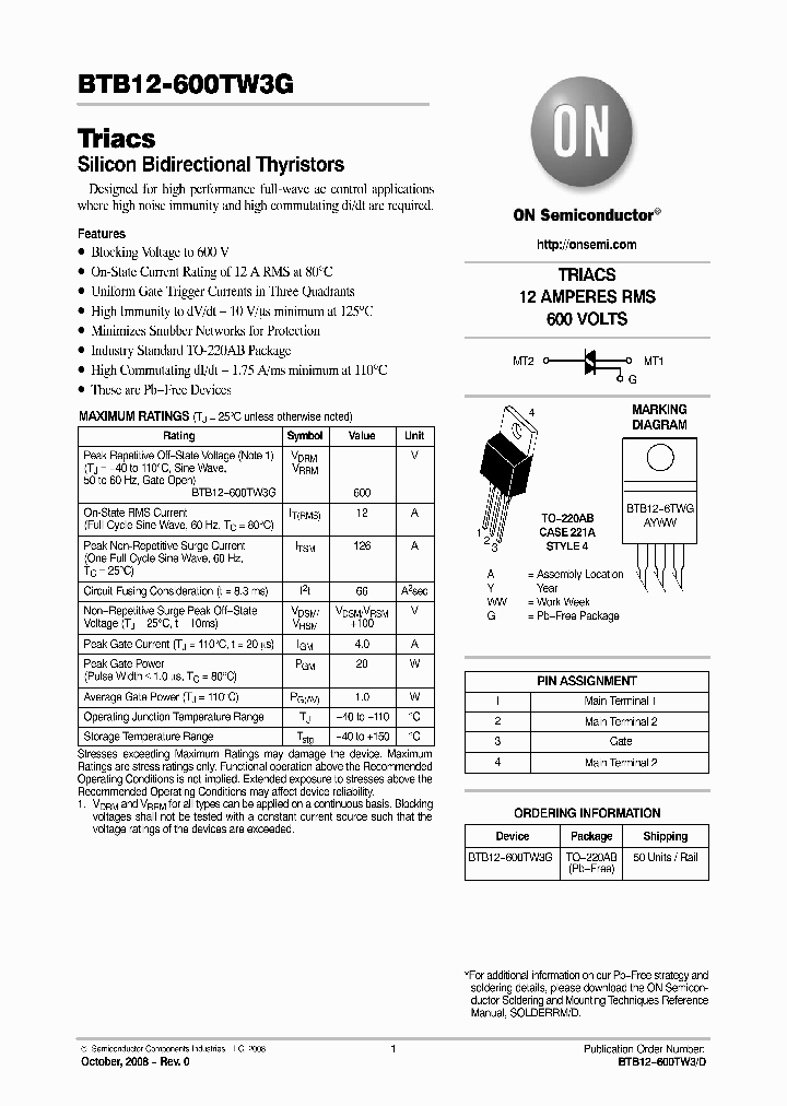 BTB12-600TW3G_4638505.PDF Datasheet Download --- IC-ON-LINE