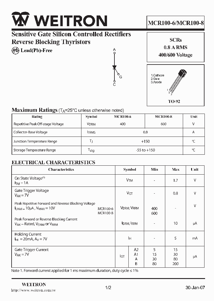 MCR100-6_4595707.PDF Datasheet Download --- IC-ON-LINE