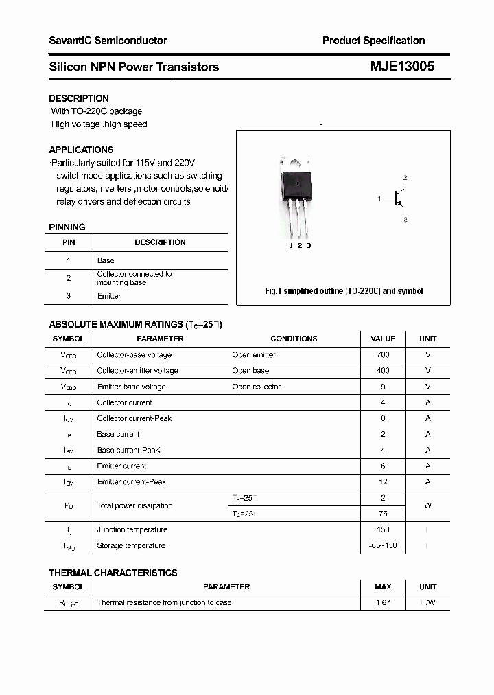 MJE13005_4608390.PDF Datasheet Download --- IC-ON-LINE