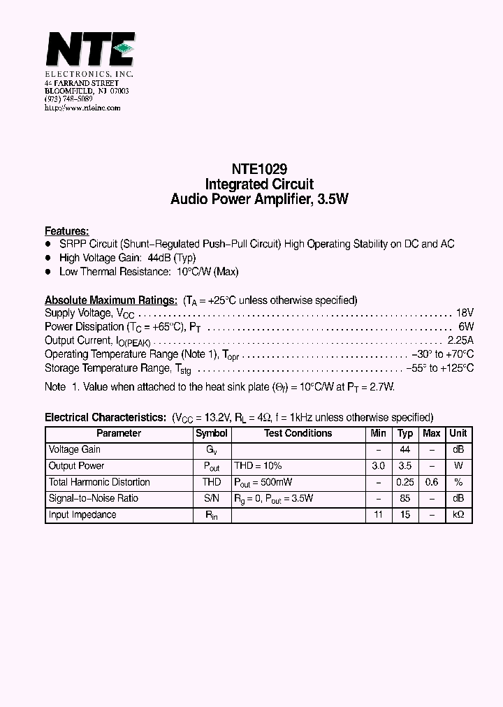 NTE1029_4781545.PDF Datasheet Download --- IC-ON-LINE