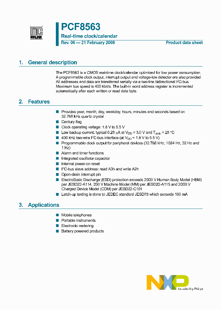 PCF8563_4595307.PDF Datasheet Download --- IC-ON-LINE