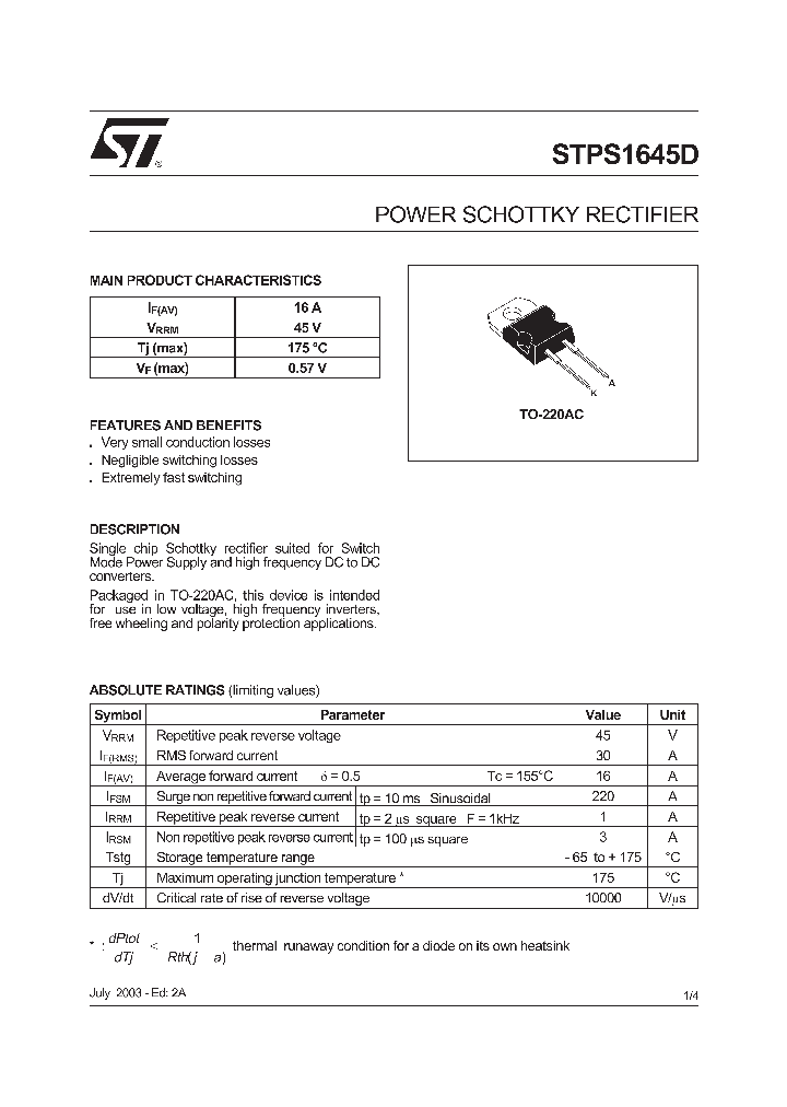 STPS1645D_4285461.PDF Datasheet Download --- IC-ON-LINE