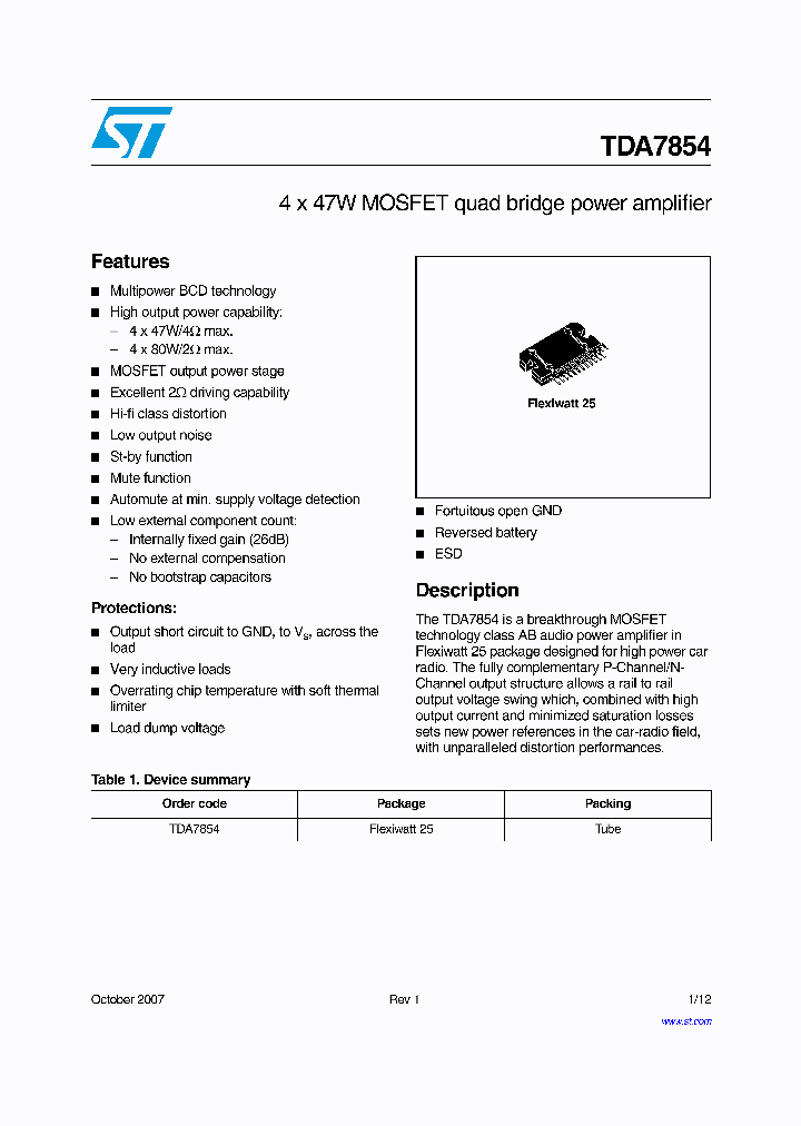 TDA7854_4194301.PDF Datasheet Download --- IC-ON-LINE