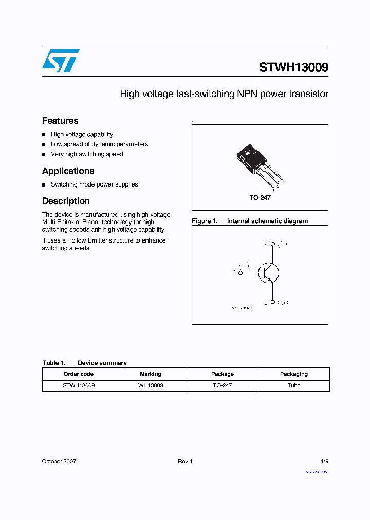 STWH13009_4942603.PDF Datasheet Download --- IC-ON-LINE