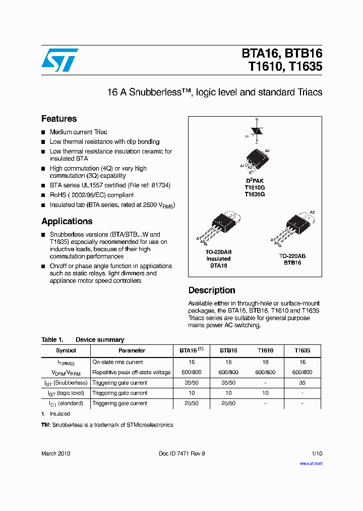 BTA16-600G_4970703.PDF Datasheet Download --- IC-ON-LINE