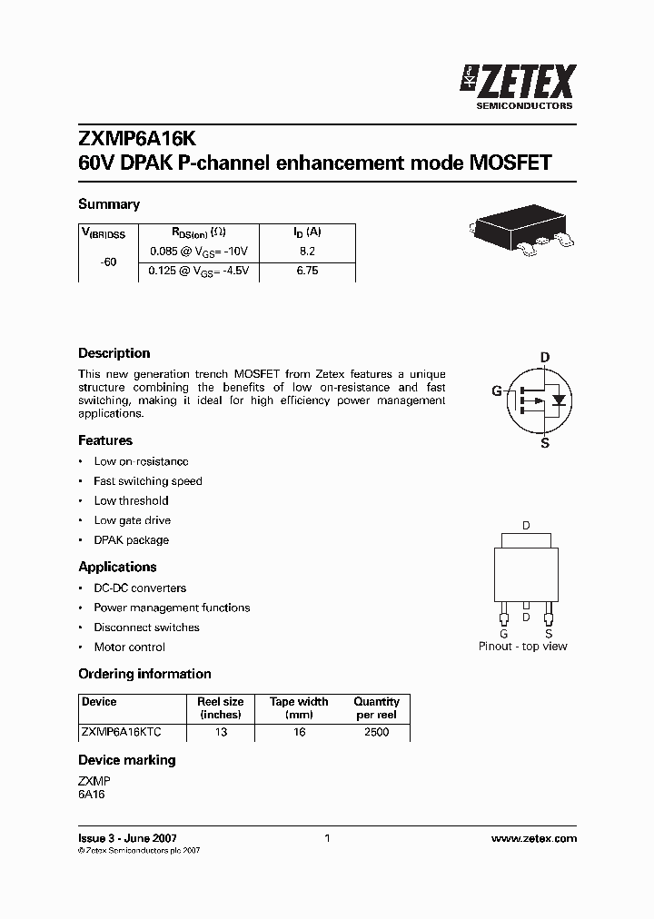 ZXMP6A16K_5029427.PDF Datasheet Download --- IC-ON-LINE