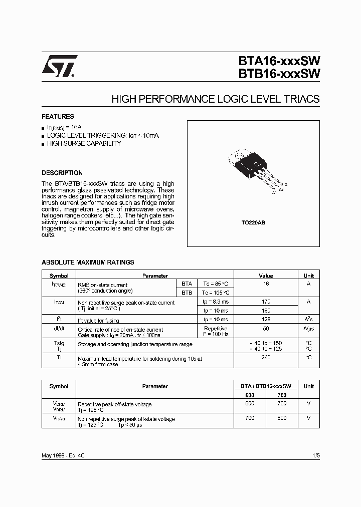 BTA16-600SW_96655.PDF Datasheet Download --- IC-ON-LINE
