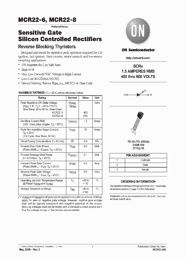 MCR22-6-D_105727.PDF Datasheet Download --- IC-ON-LINE
