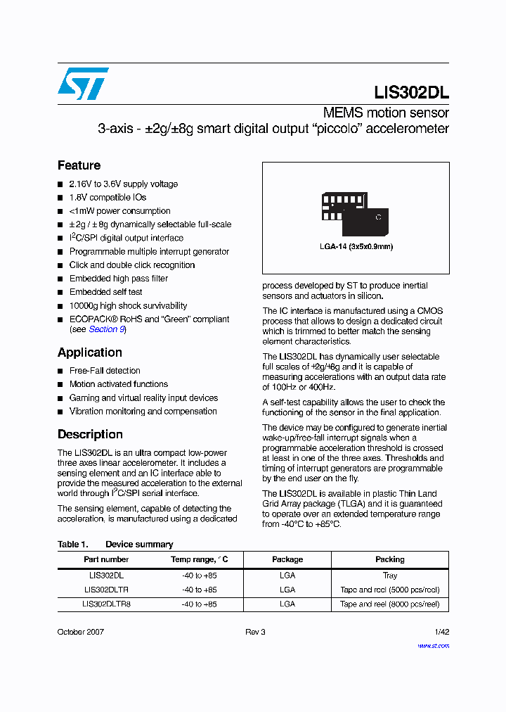LIS302DLTR8_110338.PDF Datasheet Download --- IC-ON-LINE