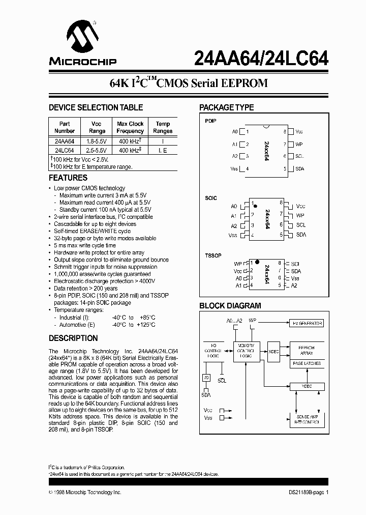 24AA64_167229.PDF Datasheet Download --- IC-ON-LINE