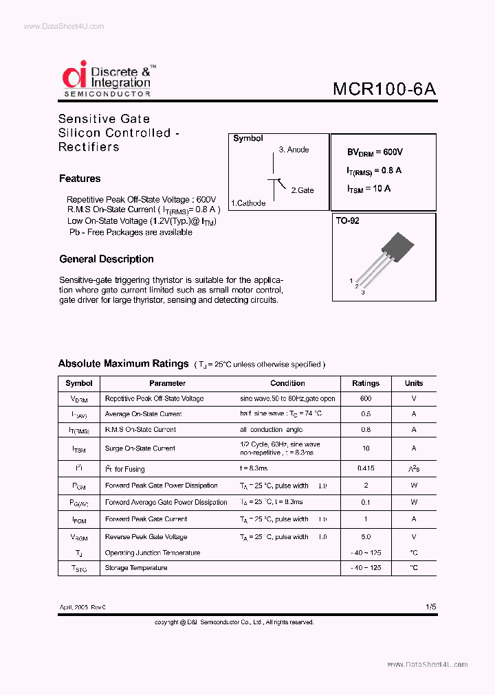 MCR100-6A_176368.PDF Datasheet Download --- IC-ON-LINE