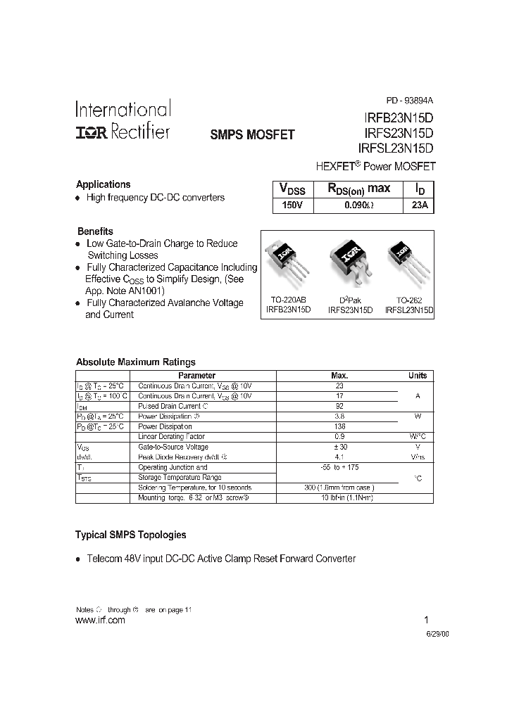IRFB23N15_271334.PDF Datasheet Download --- IC-ON-LINE