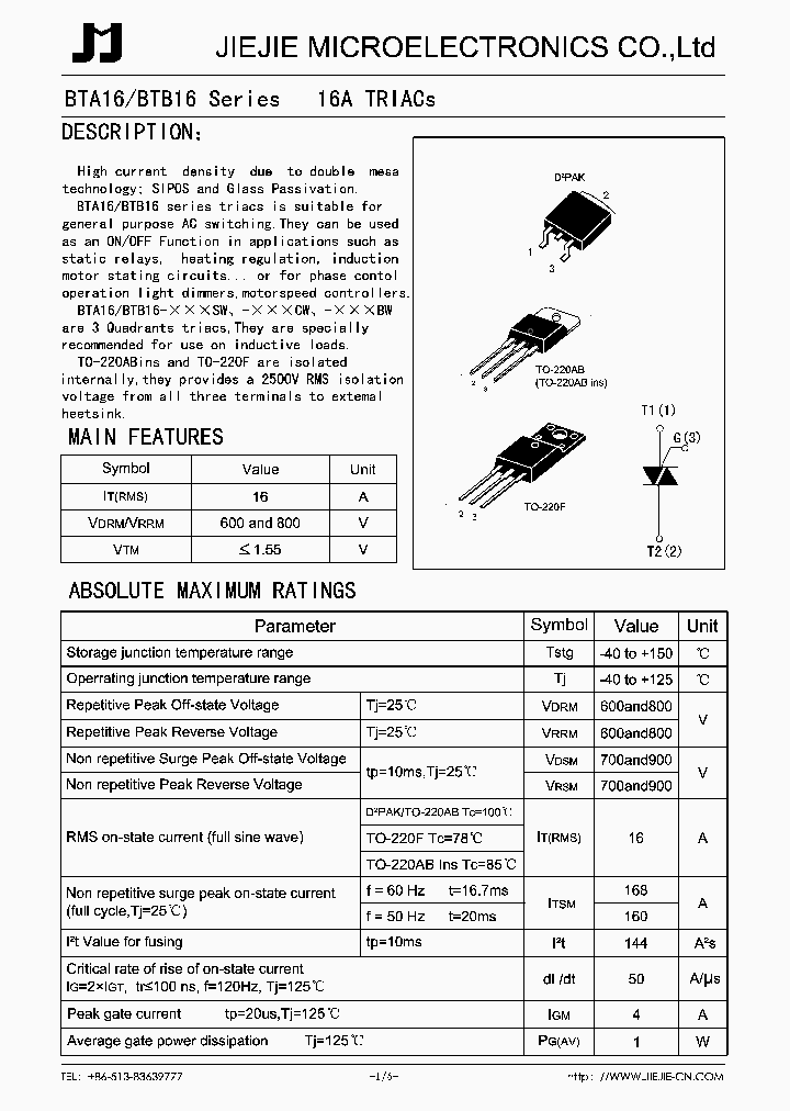 BTA16-800BG_741777.PDF Datasheet Download --- IC-ON-LINE